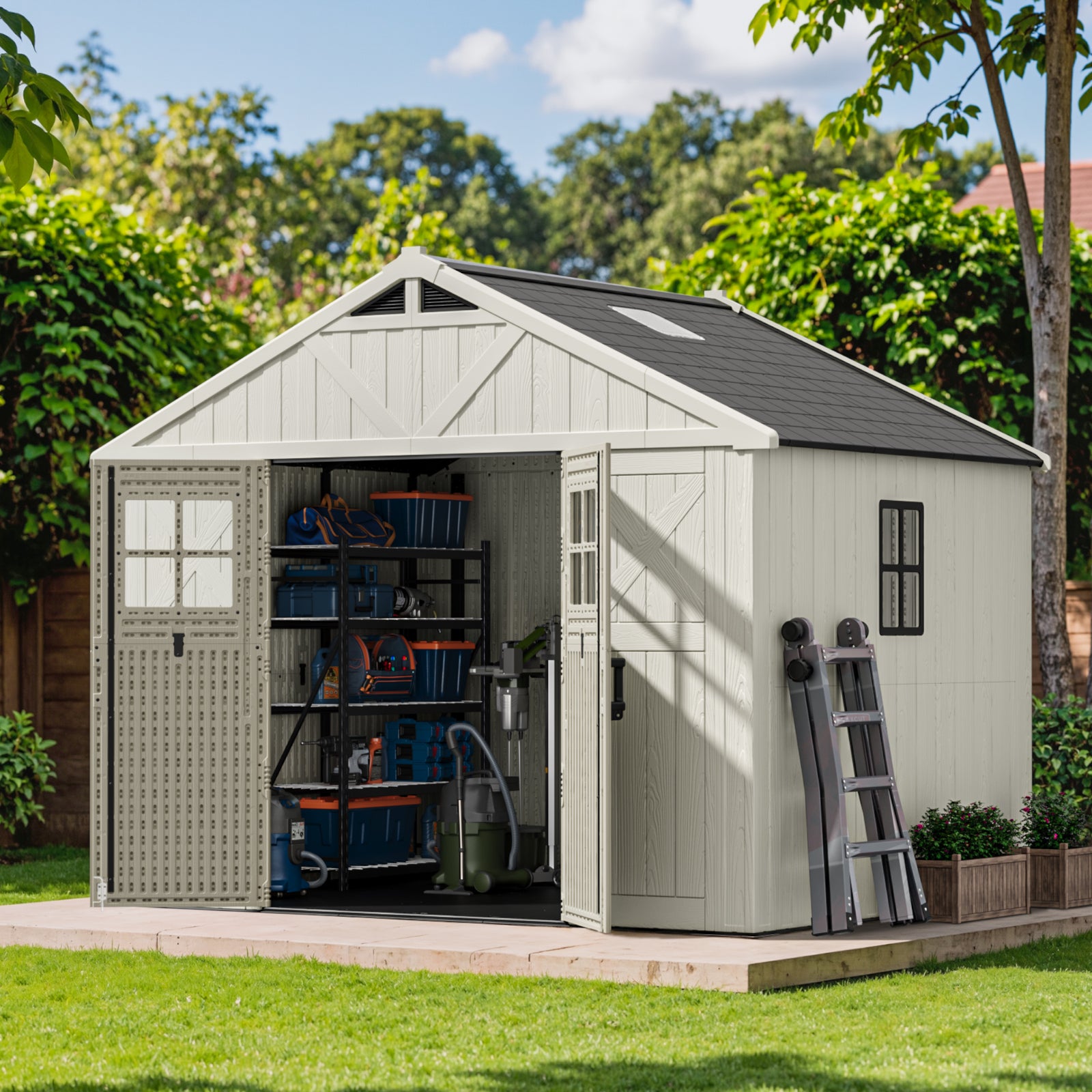 Patiowell 10x8 FT Kick-it Plastic Storage Shed with Skylight & Windows