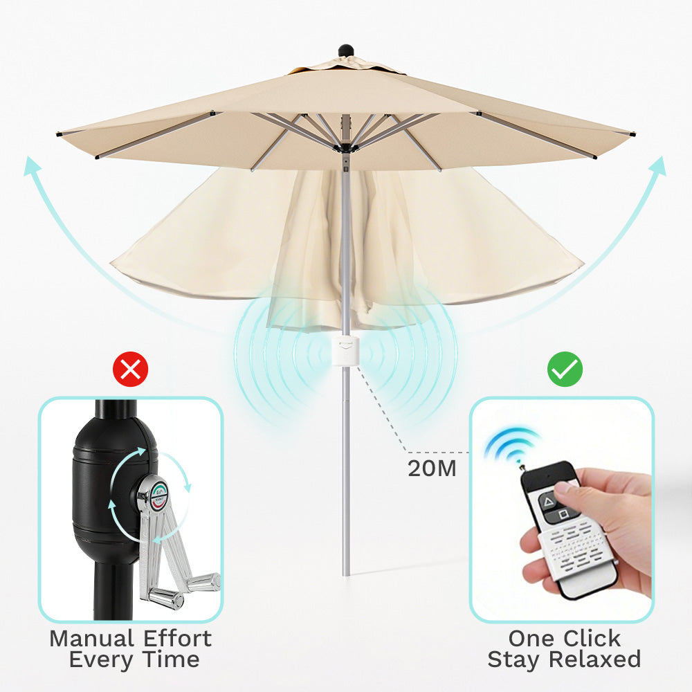 9ft Patio Motorized Remote Market Umbrella with Optional Base