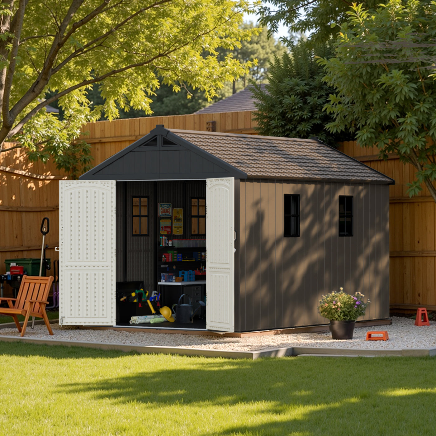 8x12 Plastic Storage Shed with Floor, Brown | Patiowell