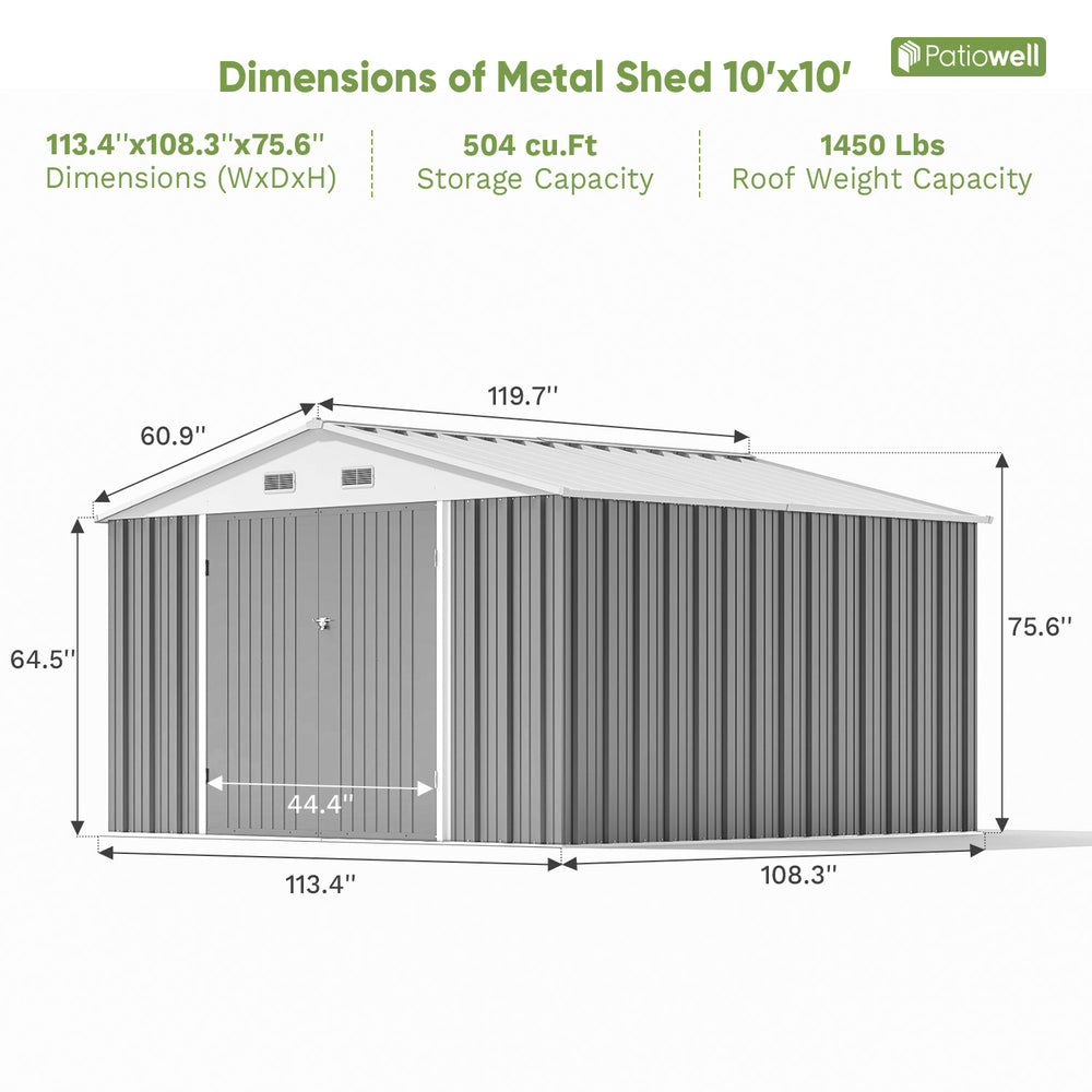 10x10 Metal Storage Shed with Weather Resistance, Gray | Patiowell