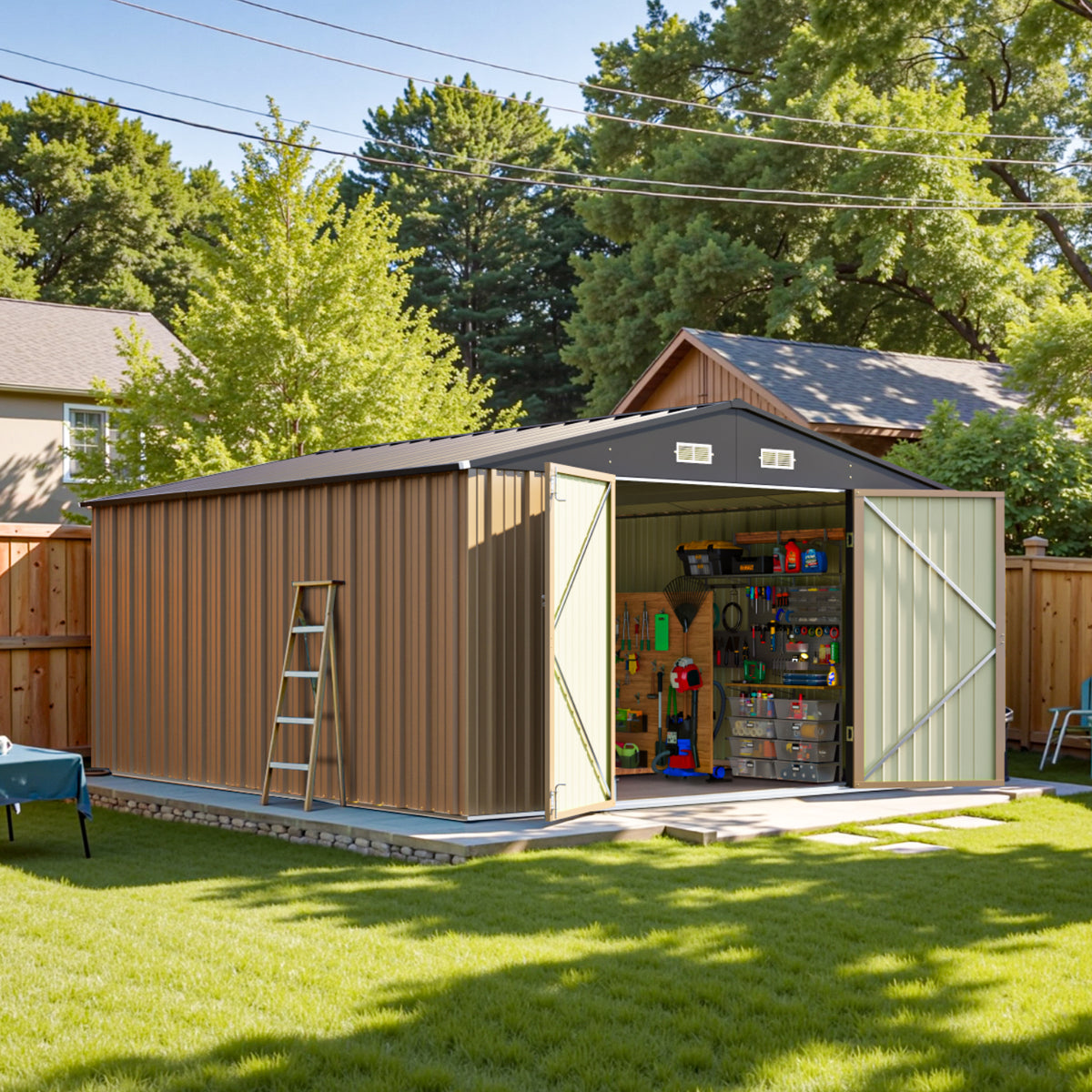 10x12 Metal Storage Shed Large Shed with Floor, Brown | Patiowell