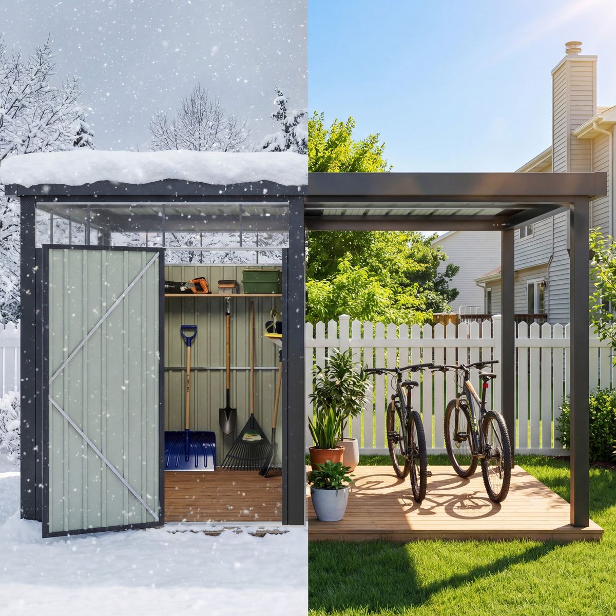 2-in-1 6x8 Metal Storage Shed with 7x8 Pergola for BBQ & Party, Black ...